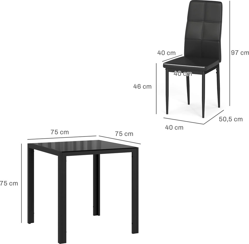 HOMCOM jídelní set - jídelní stůl se 4 židlemi, úsporná jídelní skupina, skleněná deska, umělá kůže, černý