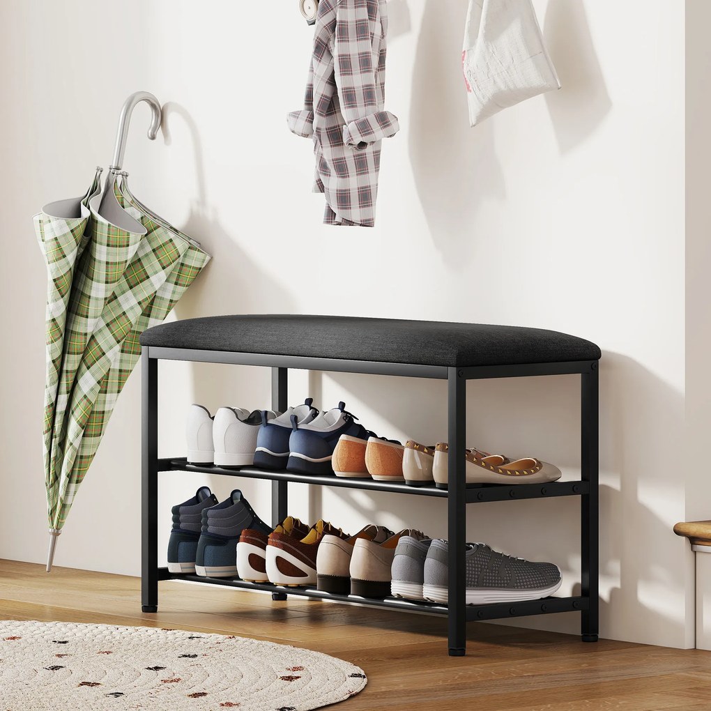 HOMCOM Lavice na boty s sedákem, sedací lavice s úložným prostorem, botník se 2 otevřenými přihrádkami, lavice 81 x 31 x 50 cm, černá