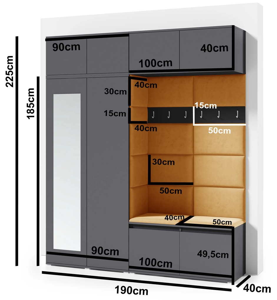 Eka Předsíňová stěna s čalouněnými panely Trinity 16 - Grafit / Světlá růžová 2319