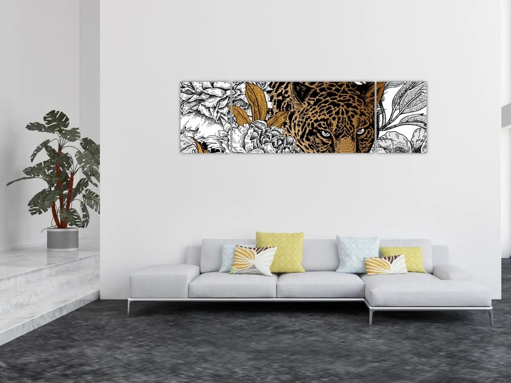 Obraz - Leopard mezi květy (170x50 cm)