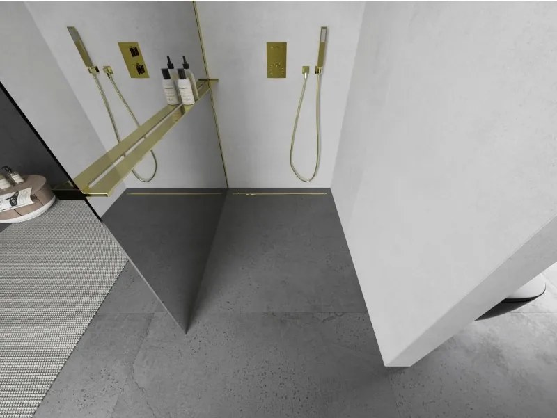 Mexen Kioto+ L, sprchová zástěna Walk-In s poličkou a věšákem 90 x 200 cm, 8mm sklo vzor zrcadlo, zlatý lesklý profil, 800-090-123-50-50
