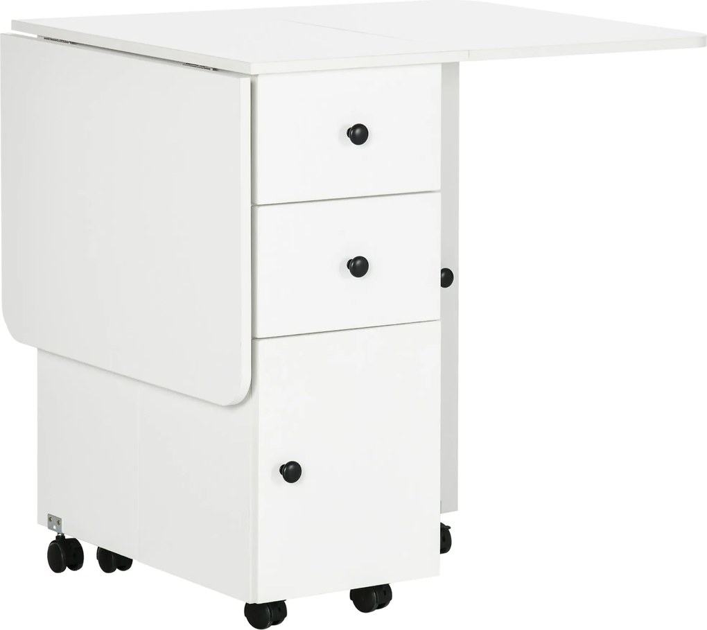 Skládací jídelní stůl HOMCOM s kolečky, skládacími křídlovými deskami, šuplíky a skříňkou pro 4-6 osob 120x60x76,5 cm Bílý