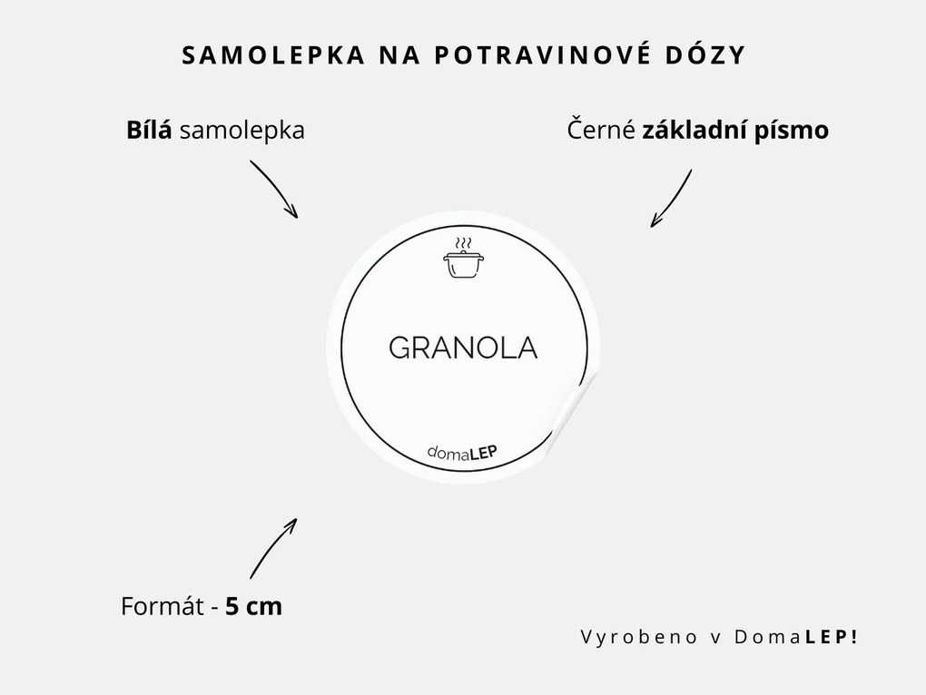 GRANOLA - omyvatelná samolepka na dózu, výběr rozměrů Ø 5 cm / 5 x 5 cm / 6 x 8 cm | DomaLEP tvar: KOLEČKO, barva: BÍLÁ - ČERNÉ písmo, velikost: Ø 5 cm - základní písmo