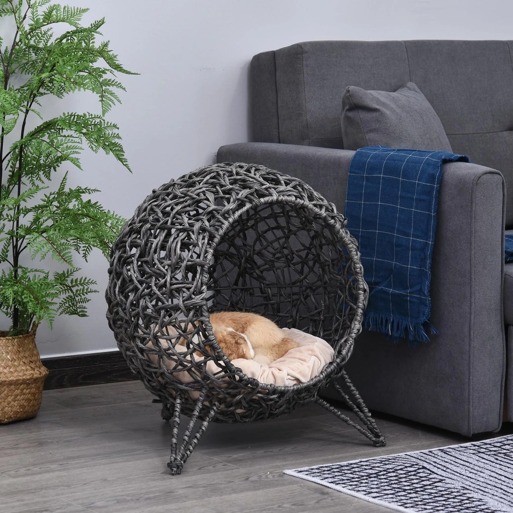 PawHut ratanový domeček pro kočky Elegantní kočičí jeskyně s polštářem, vyvýšené nohy, stříbrně šedá, Ø52x58cm