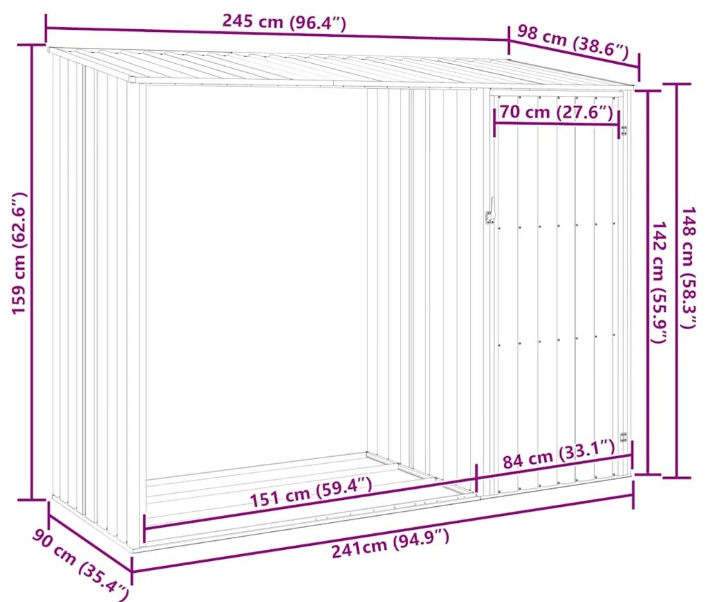 vidaXL Marketos Zahradní kůlna na dříví uhlová 245x98x159 cm pozinkovaná ocel
