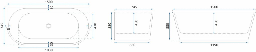Volně stojící akrylátová vana ke stěně REA OLIMPIA 150x74,5 cm bílý, sifon Click-Clack - chrom