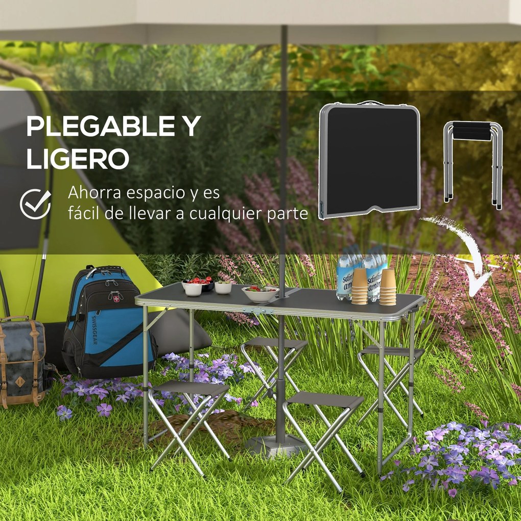 Outsunny 5-dílná kempingová sada skládacího stolu s židlemi, včetně 1 výškově nastavitelného stolu s otvorem na slunečník 120x60x55-70 cm a 4 skládac…