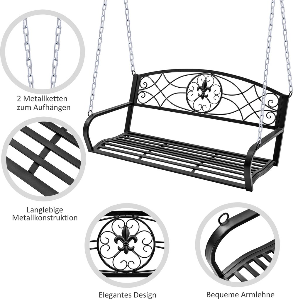 Zahradní houpačka Outsunny Hollywood odolná proti povětrnostním vlivům 2místná závěsná lavice s řetězy kovová černá 132 x 63 x 58 cm pro zahradu a te…