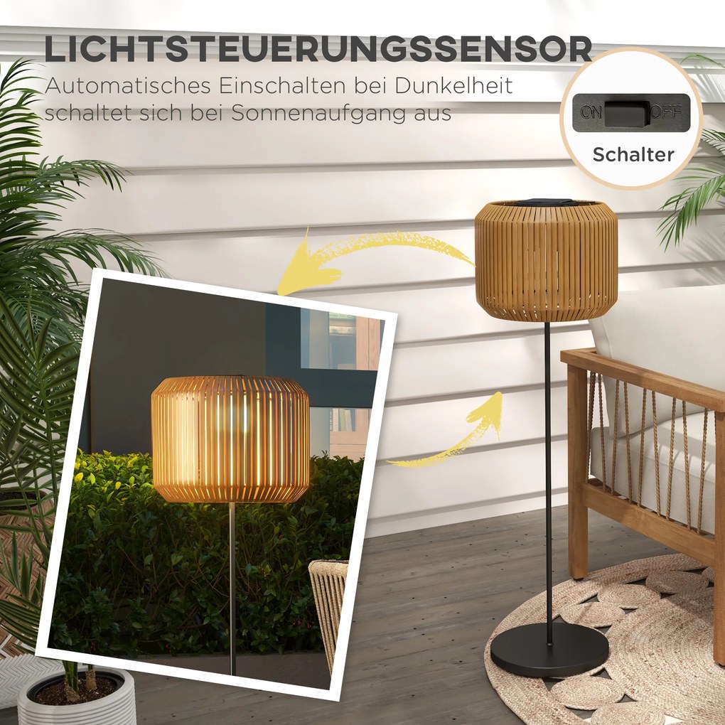 Outsunny Ratanové venkovní světlo, solární zahradní lampa, automatické zapínání, LED, odolné proti povětrnostním vlivům, kovový rám, Ø34 x 130 cm, če…