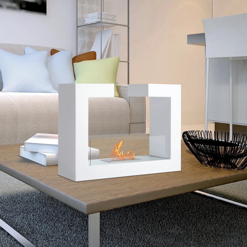 HOMCOM Stolní Bioethanol Krb 2000W z Nerezové Oceli bez Zápachu se Sklem 78 x 25 x 58 cm Bílá | Aosom