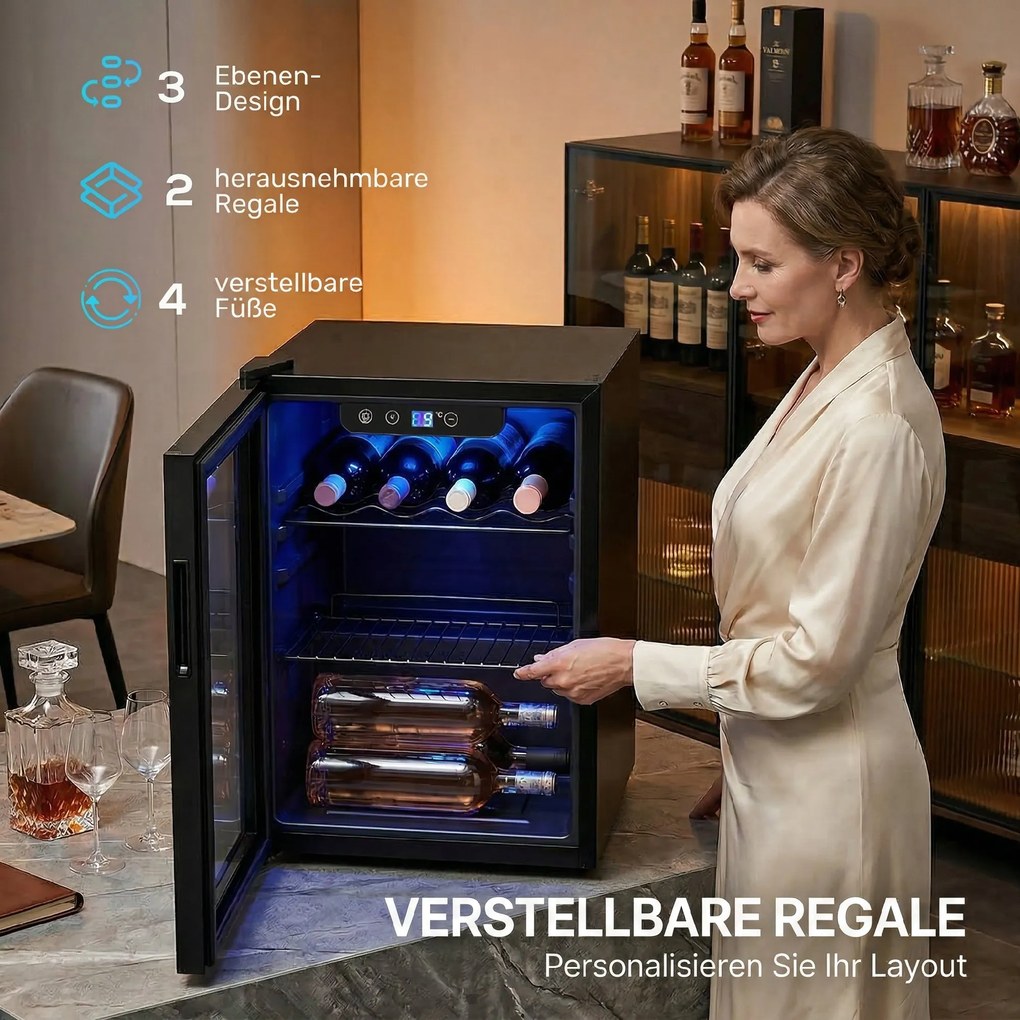 HOMCOM Chladnička na víno pro 16 lahví, kapacita 48 l, 4–16 °C, vestavná chladnička na nápoje a pivo, se skleněnými dveřmi, LED osvětlení