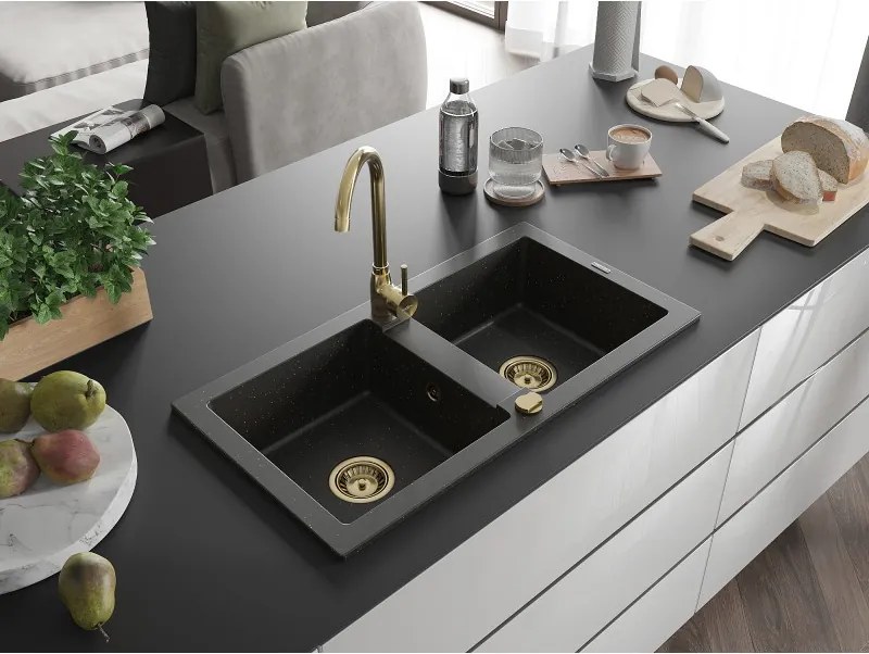 Mexen Mario, granitový dřez 820x436x161 mm, 2-komorový, černá-zlatá metalíza se zlatým sifonem, 6504822000-75-G