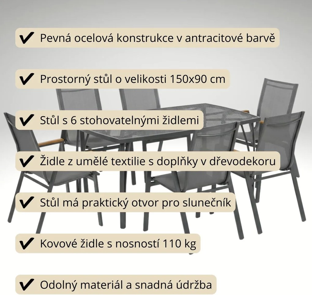 Vikio Zahradní jídelní kovový set pro 6 osob V126T antracit