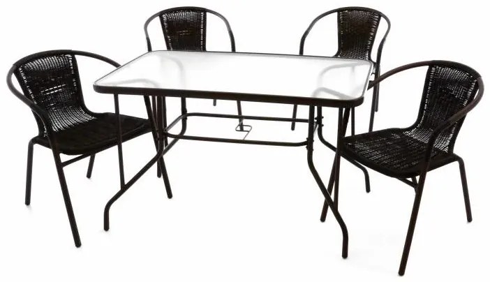 Zahradní set, 4 židle a skleněný stůl, polyratan, hnědý