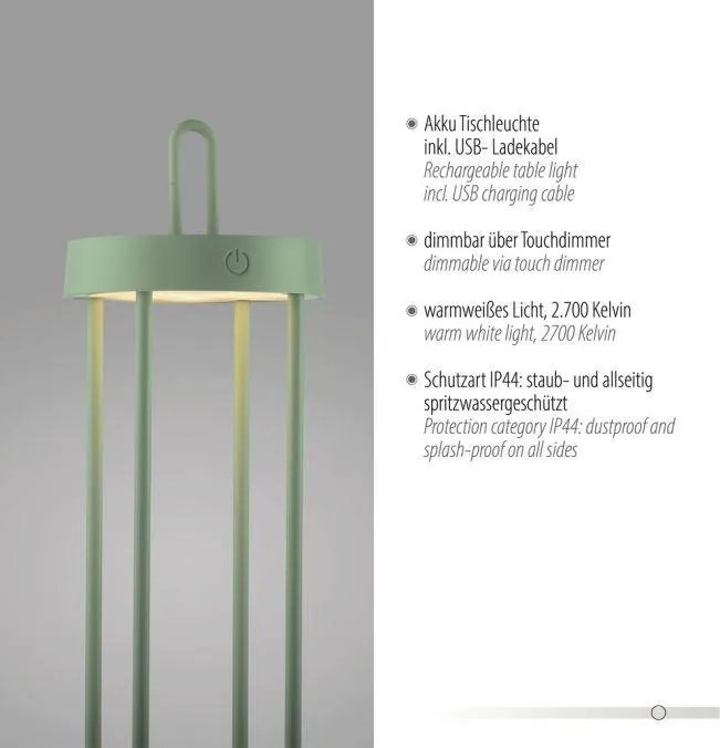 LD 19301-43 ANSELM LED stolní lampa na baterie zelená 50cm dotykový stmívač IP44 zahradní svítidlo 2700K - JUST LIGHT