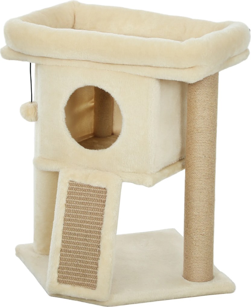 Škrabadlo s jutovou škrabací podložkou, plošinou na ležení, hracím míčkem, domeček pro kočky, béžová barva, 40 x 40 x 57 cm