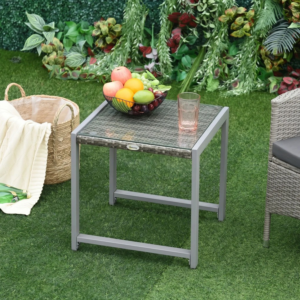 Zahradní stolek Outsunny® s tvrzeným sklem, polyratanem a hliníkem, odolný proti povětrnostním vlivům a moderní pro zahradu, balkon, terasu | Aosom.de