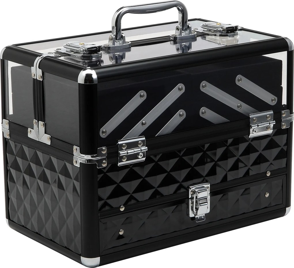 HOMCOM Organizér na make-up a šperky, přenosný, víceúrovňový s rukojetí a skládacími přihrádkami, hliníková slitina, 30x18,5x22 cm, průhledný a černý