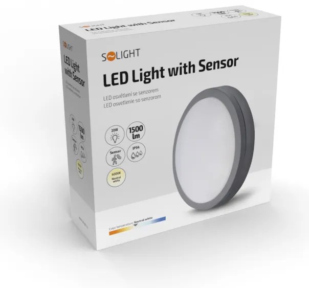 Solight LED venkovní osvětlení se senzorem Siena, šedé, 20W, 1500lm, 4000K, IP54, 23cm