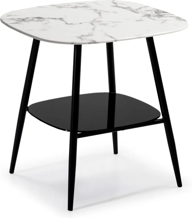 Bílo-černý odkládací stolek se skleněnou deskou v mramorovém dekoru Marckeric Alina