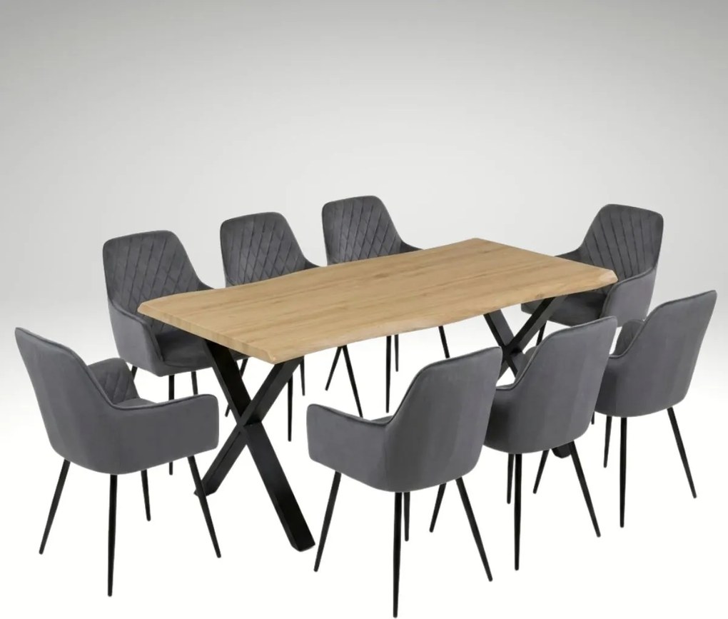 Vikio Jídelní set pro 8 osob 180x90 cm soft dub noha X šedá židle s područkami VJS228-8S