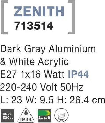 NV 713514 Venkovní nástěnné svítidlo ZENITH tmavě šedý hliník bílý akrylový difuzor E27 1x12W 220-240V bez žárovky IP44 - NOVA LUCE