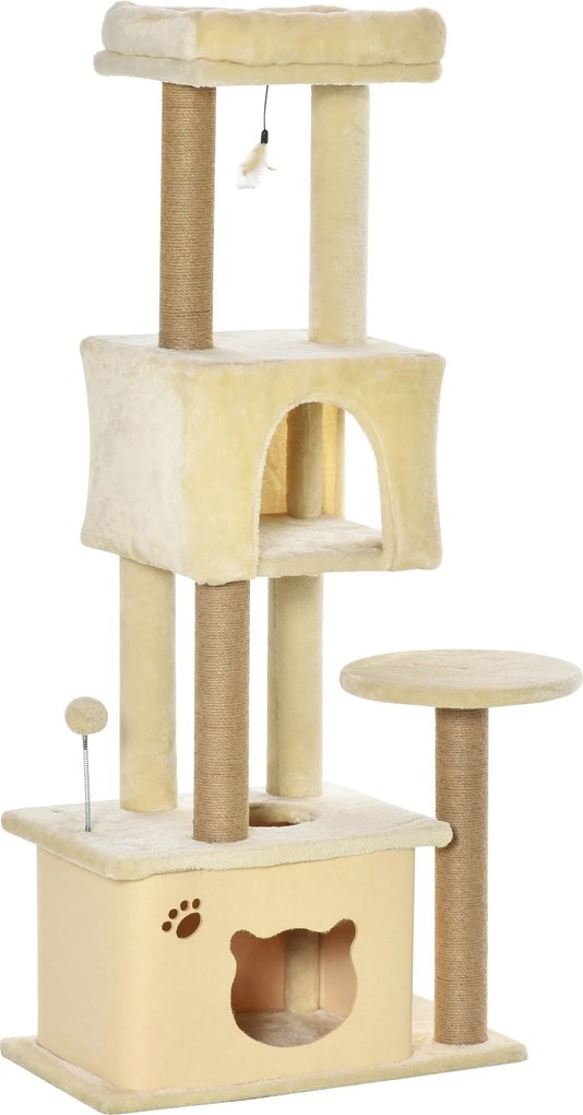 PawHut Velký Škrabací Strom pro Kočky 60x34x136 cm s Platformami, Hřejivými Jeskyněmi, Odnímatelnými Jutovými Sloupky a Visacím Míčkem Bežová | Aosom