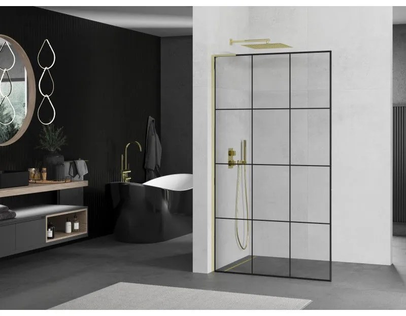 Mexen Kioto L, sprchová zástěna Walk-In 120 x 200 cm, 8mm čiré sklo černý vzor, ​​zlatý lesklý profil, 800-120-103-50-77