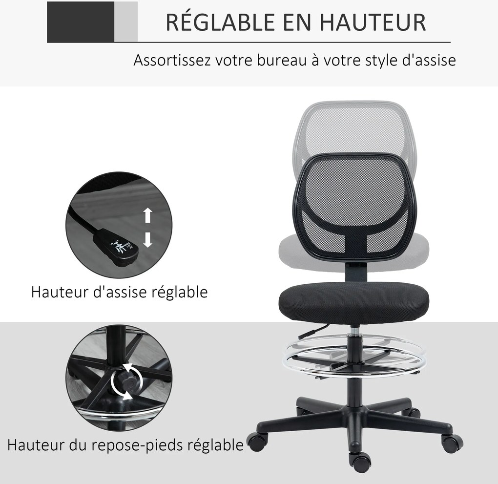 Ergonomická kancelářská židle Vinsetto s vysokým sedákem, síťovaný opěrák, nastavitelná výška 50-70 cm, otočný podnožník 360°, černá | Aosom