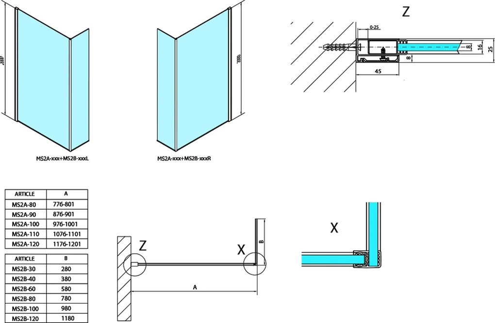 Polysan Modular Shower MS2A-80 stěna 80 cm k instalaci na zeď pro připojení pevného panelu