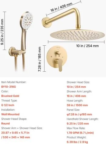 Sprchová baterie VEVOR, 254 mm – Kartáčované zlato
