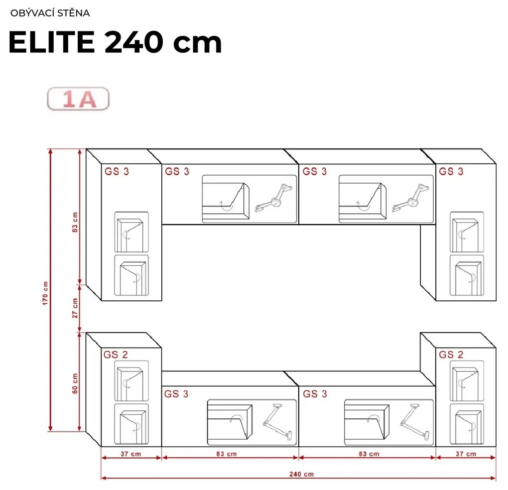 Ral Obývací stěna ELITE 240 cm - Bílý lesk