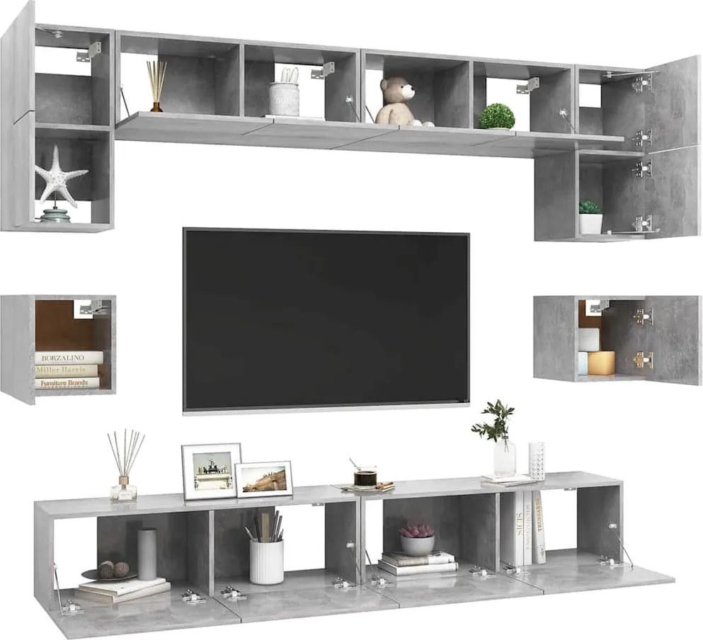 8dílný set TV skříněk betonově šedý kompozitní dřevo 3079112