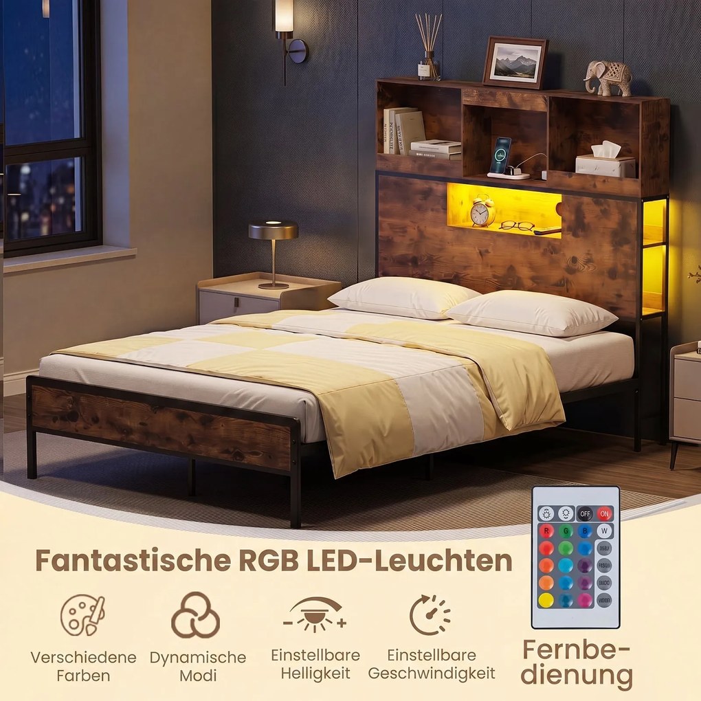 Costway Kovová postel 140 × 220 cm s LED a nabíjením, hnědá