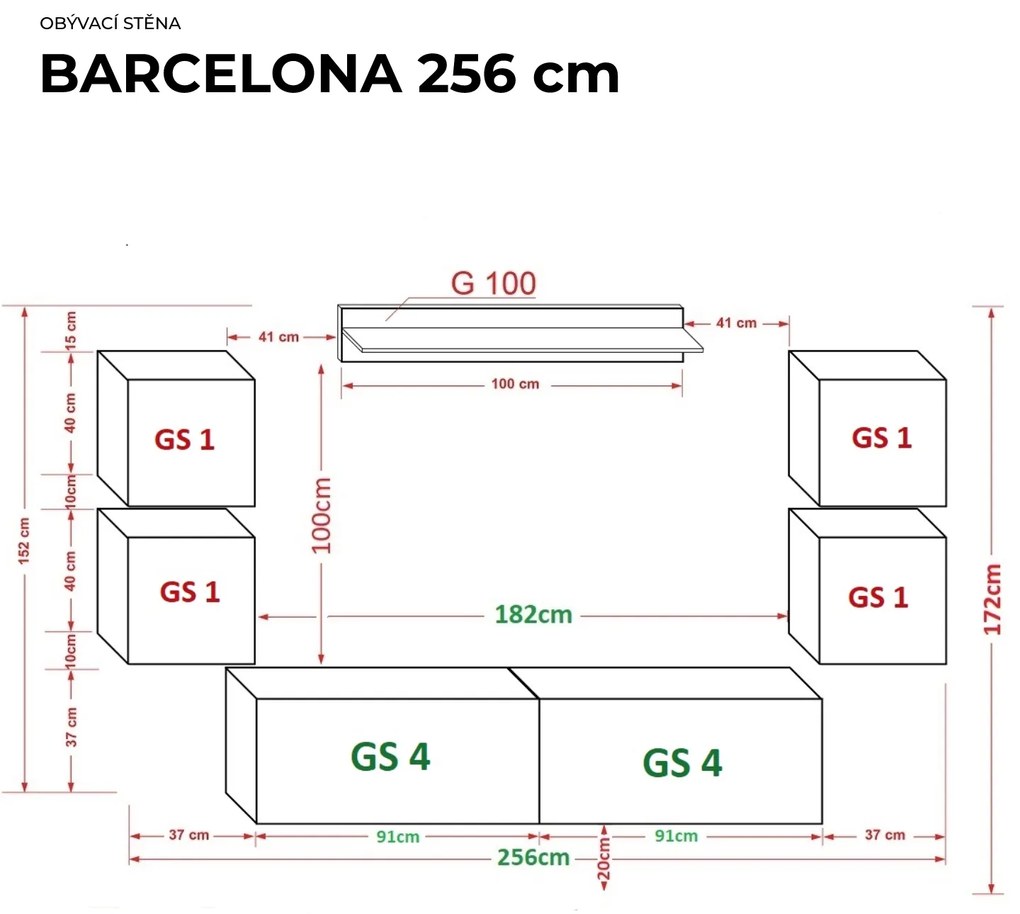 Ral Obývací stěna BARCELONA 3, 256 cm - Černý lesk