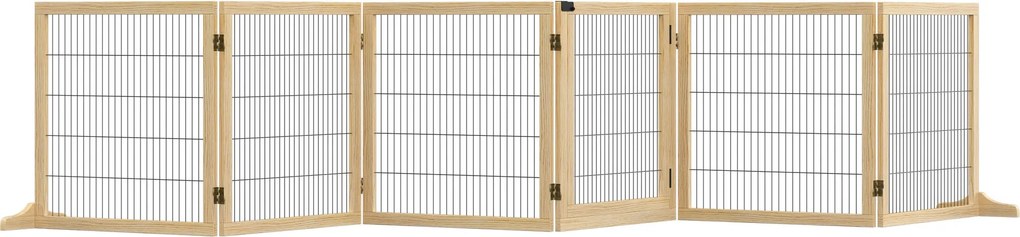 PawHut Nastavitelná bezpečnostní brána pro psy s nohama 432 x 70 cm dřevěná bariéra pro psy skládací brána pro schody, dveře, chodby, 6 panelů, přírod