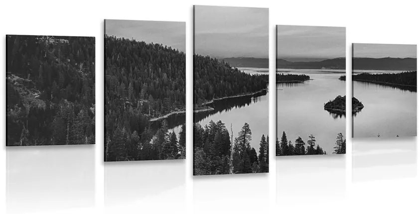 5-dílný obraz jezero při západu slunce v černobílém provedení