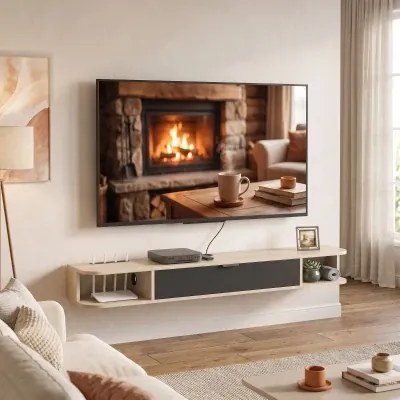 HOMCOM Závěsný TV nábytek, TV nábytek pro televize až do 152,4 cm (60 palců), výklopná zásuvka, 2 police, 140x24x16 cm, přírodní dřevo