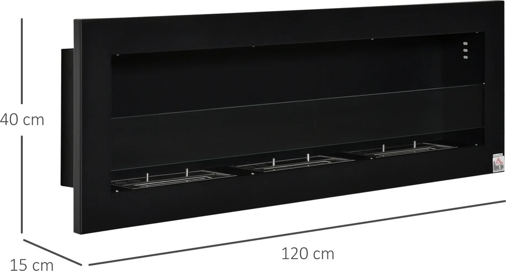 HOMCOM Ethanolový krb Bio-Ethanol hořák 3 hořáky 1 l 3 hodiny doba hoření 2000 W bez kouře, nástěnný, ocel, tvrzené sklo, černá, 120 x 15 x 40 cm