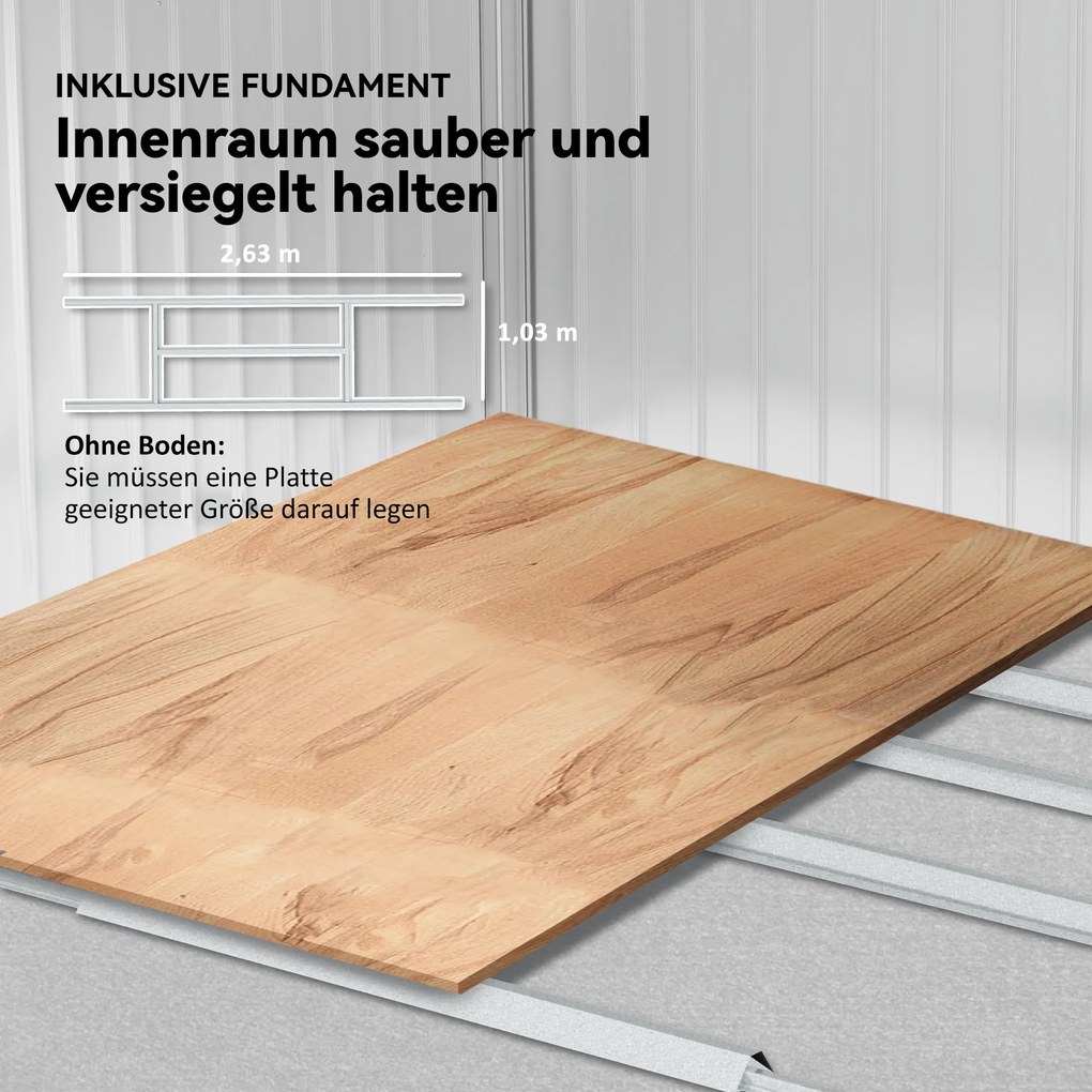 Outsunny Kůlna na Nářadí 4,9 m², Zahradní Kůlna s Pultovou Střechou, Posuvné Dveře, Základna, 277 x 195 x 192 cm, Kůlna z Pozinkované Oceli, Odolná p…
