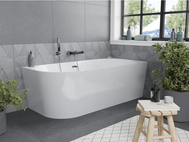 Mexen Mia volně stojící rohová vana pravá 150 x 75 cm, bílá, chrom přepad - 52691507500P-01
