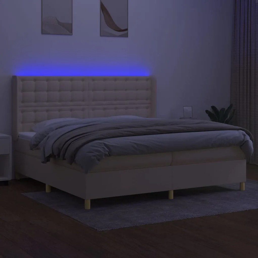 Box spring postel s matrací a LED krémová 200x200 cm textil 3139226