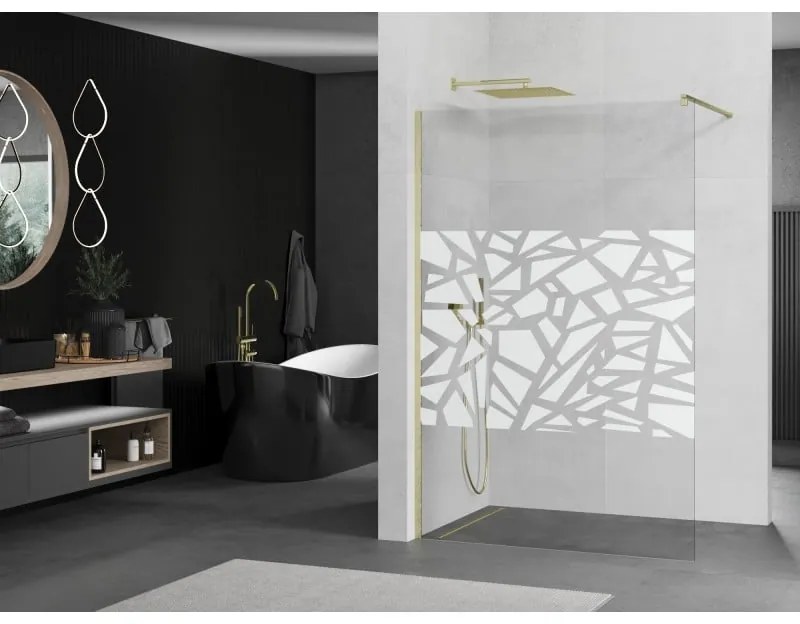Mexen Kioto, sprchová zástěna Walk-In 100 x 200 cm, 8mm čiré sklo bílý vzor, zlatý matný profil, 800-100-101-55-85