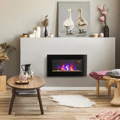 HOMCOM Elektrický krb s LED efektem plamene,1000/2000W, nástěnný krb v 7 barvách, elektrický krb s dálkovým ovládáním, nástěnný, černý