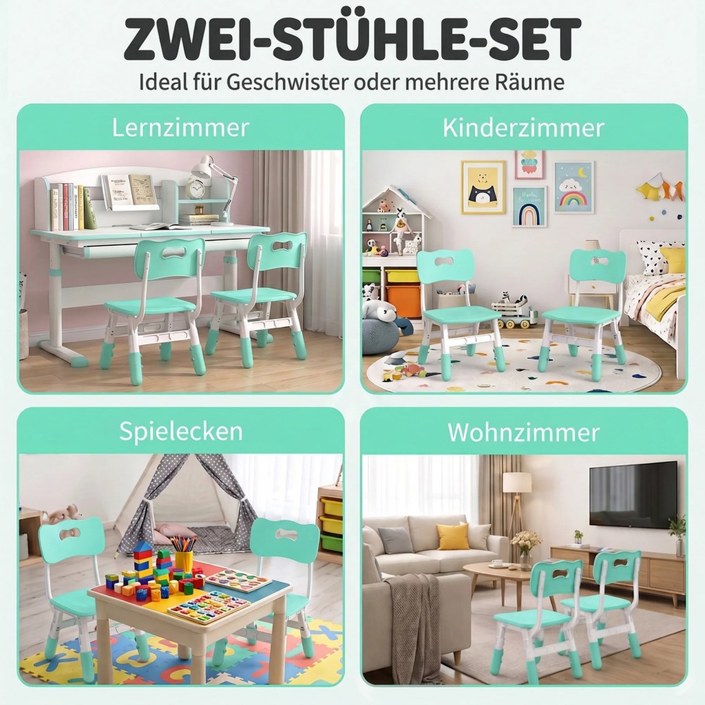 AIYAPLAY dětská židle k psacímu stolu, 2kusová sada, výškově nastavitelná 26-30 cm, ergonomické opěradlo, bez područek pro 1,5–8 let, zelená
