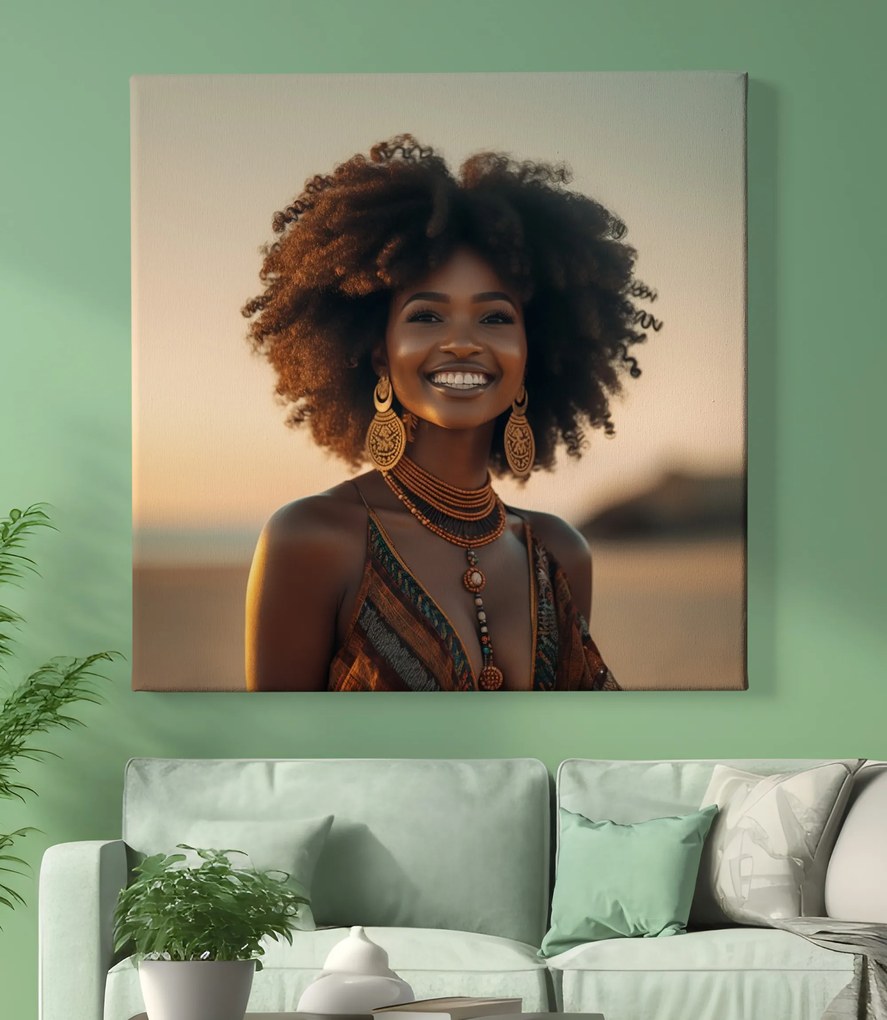 Obraz na plátně - Africká žena Chipo s afrem na pláži FeelHappy.cz Velikost obrazu: 140 x 140 cm