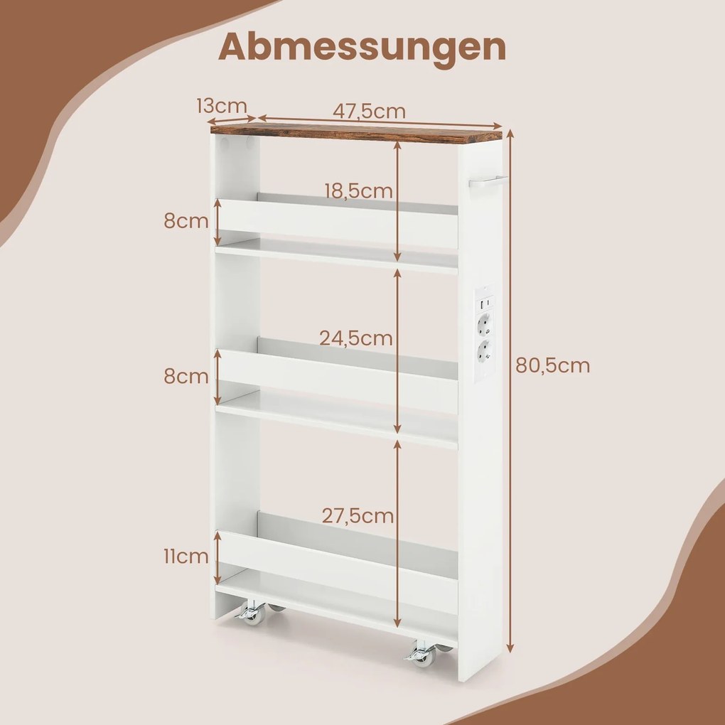 Costway 13 cm tenký úložný vozík s nabíjecí stanicí 4patrový