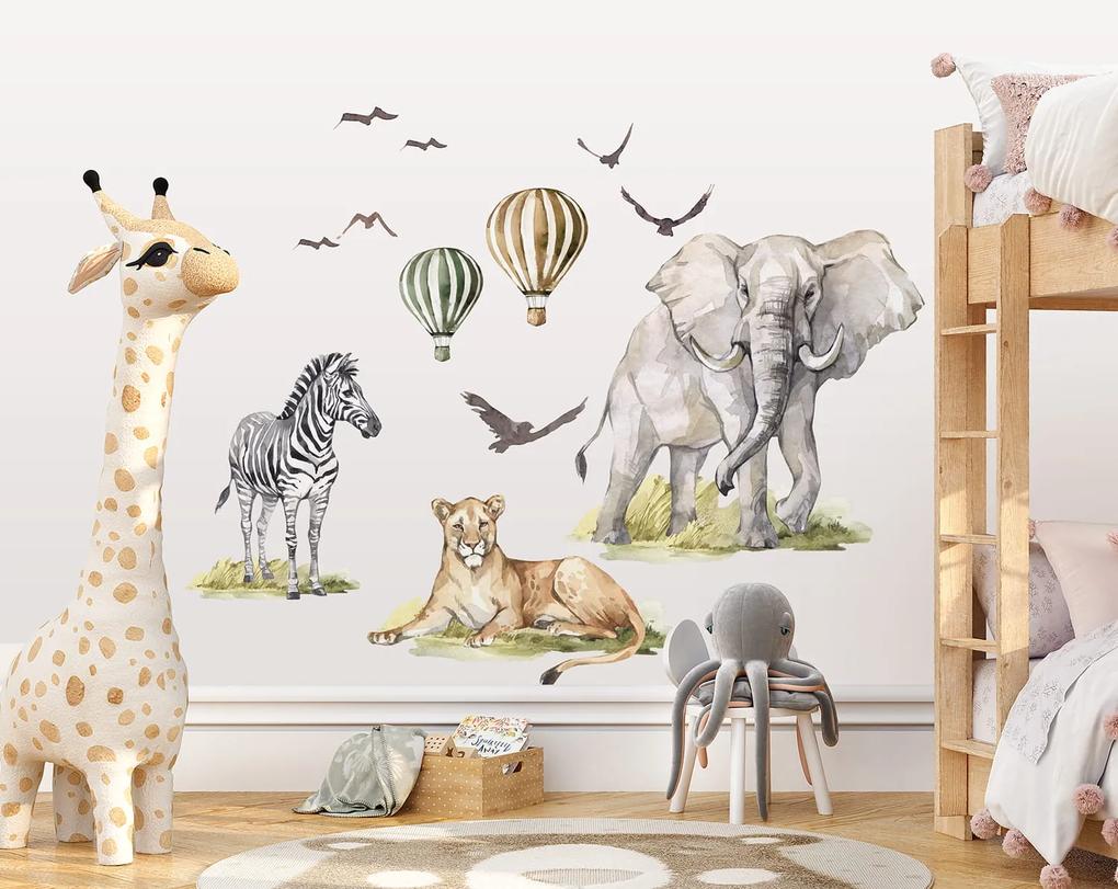 Safari samolepky zeď - lvice, slon, zebra