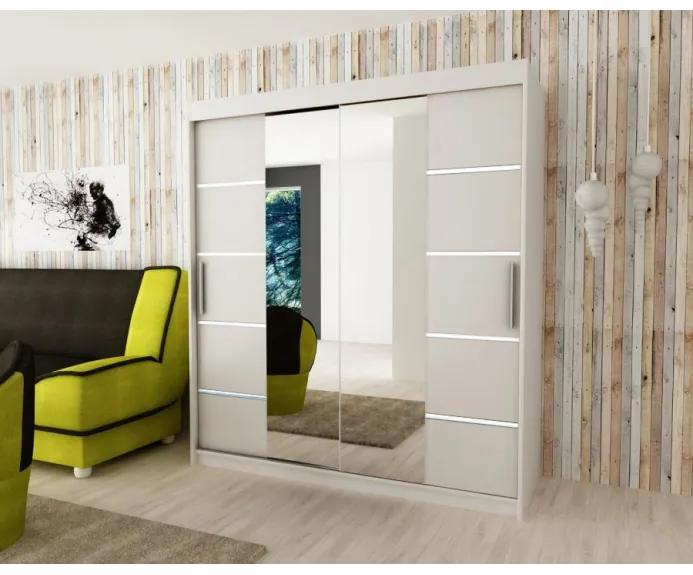 Prostorná šatní skříň se zrcadly  a posuvnými dveřmi Vivien 180 v barvě bíla