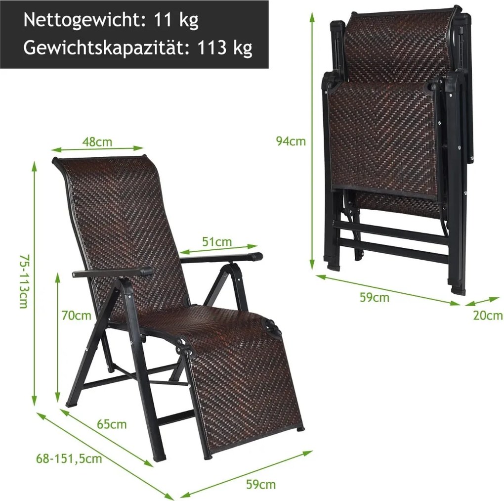Costway Ratanové skládací lehátko Sun Leunger s nastavitelným opěradlem hnědé